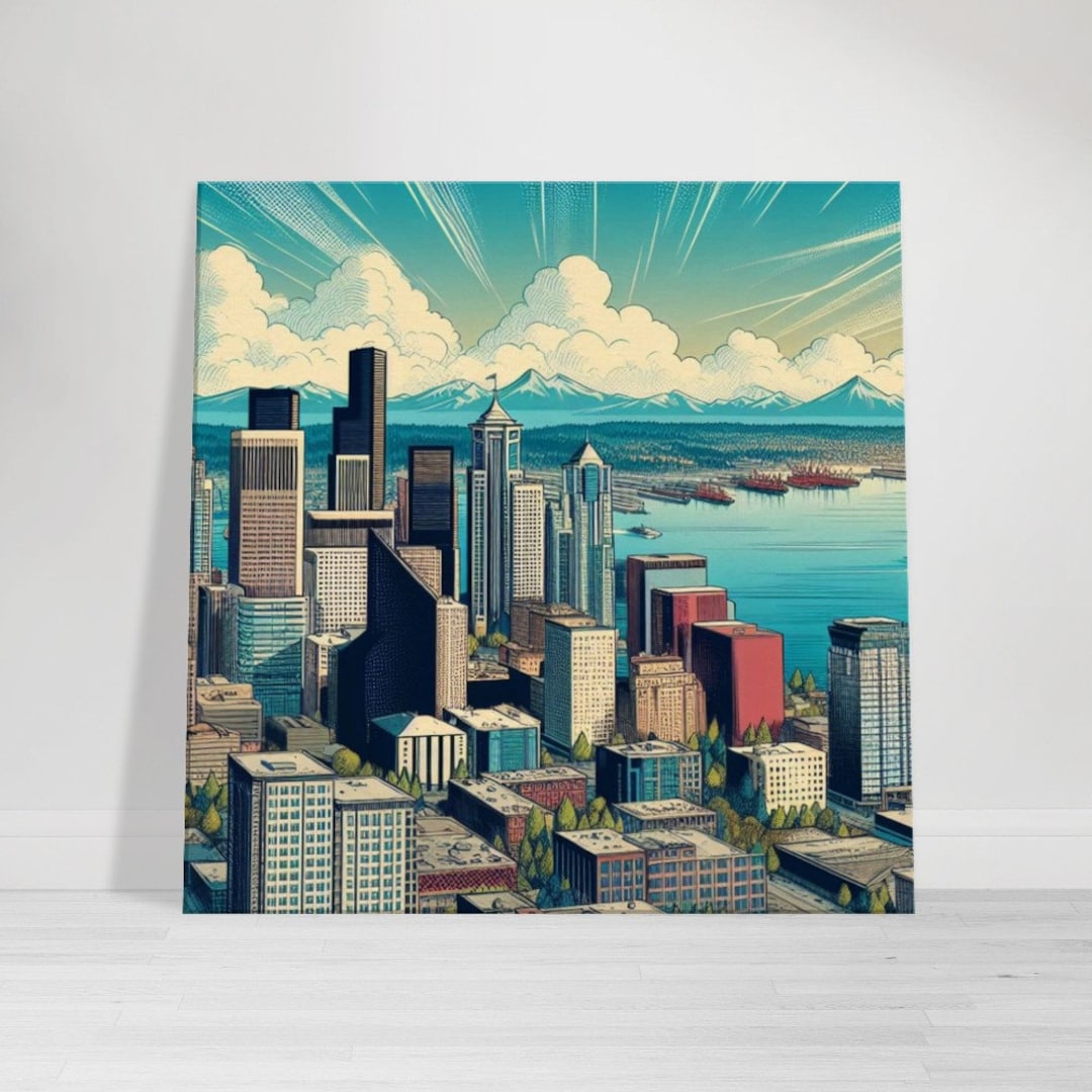 SEATTLE WASHINGTON City Skyline Comic Book Style Art Slim Stretched ...