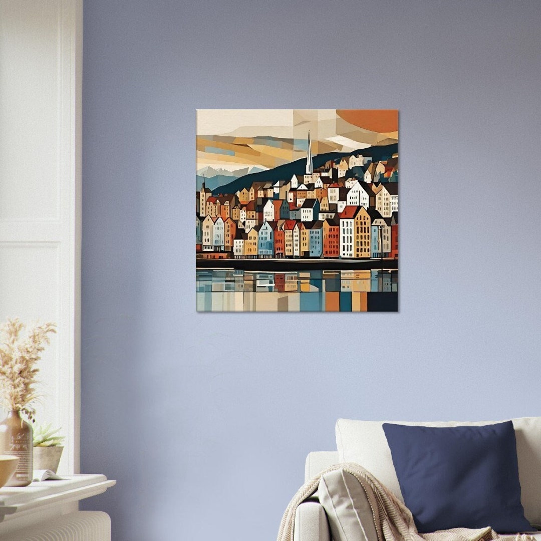 BERGEN NORWAY City Skyline Cubist Style Wall Art Slim Stretched Canvas ...