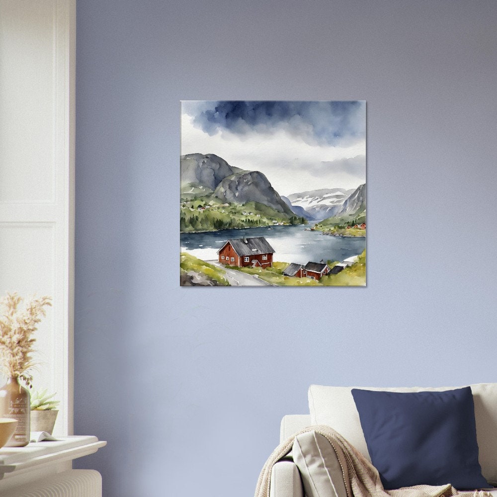 NORWAY Mountains Fjord Red House Square Canvas Print Various - Etsy