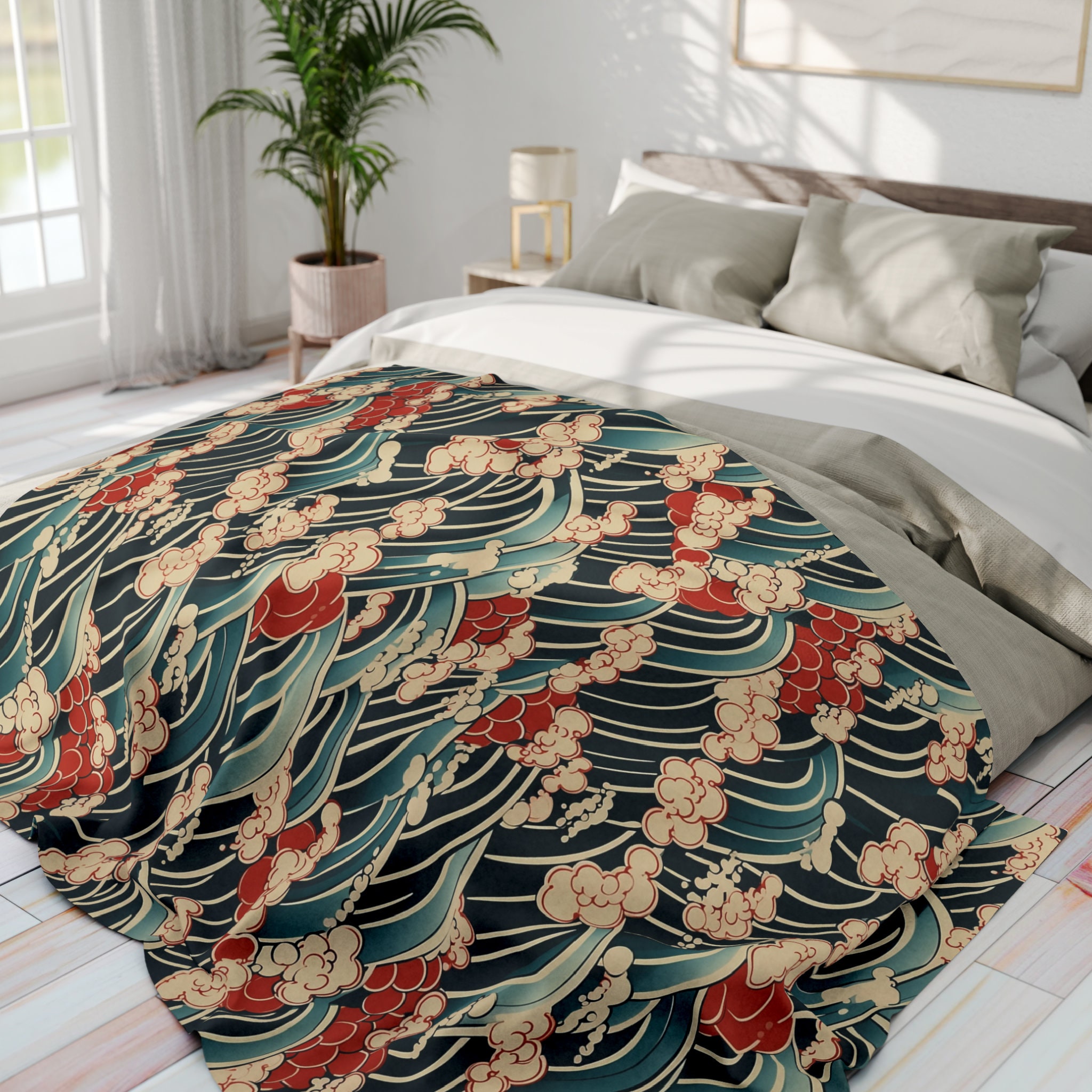 Japanese Floral Wave Pattern Arctic Fleece Blanket Couch Throw 3 Sizes ...