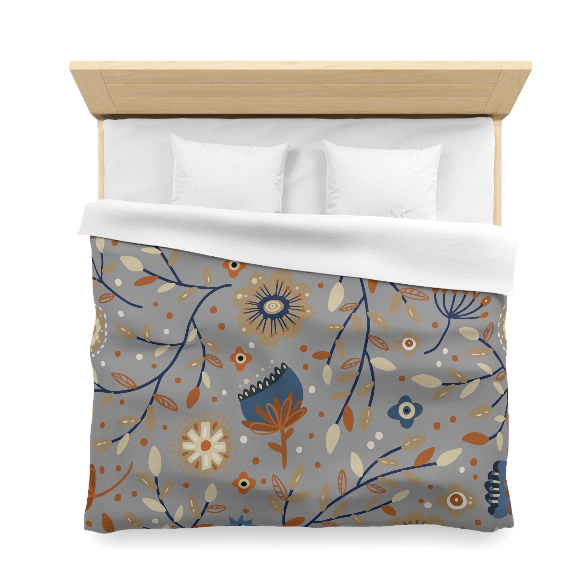 Microfiber Duvet Cover Gray Scandinavian Floral Pattern Swedish Flowers ...