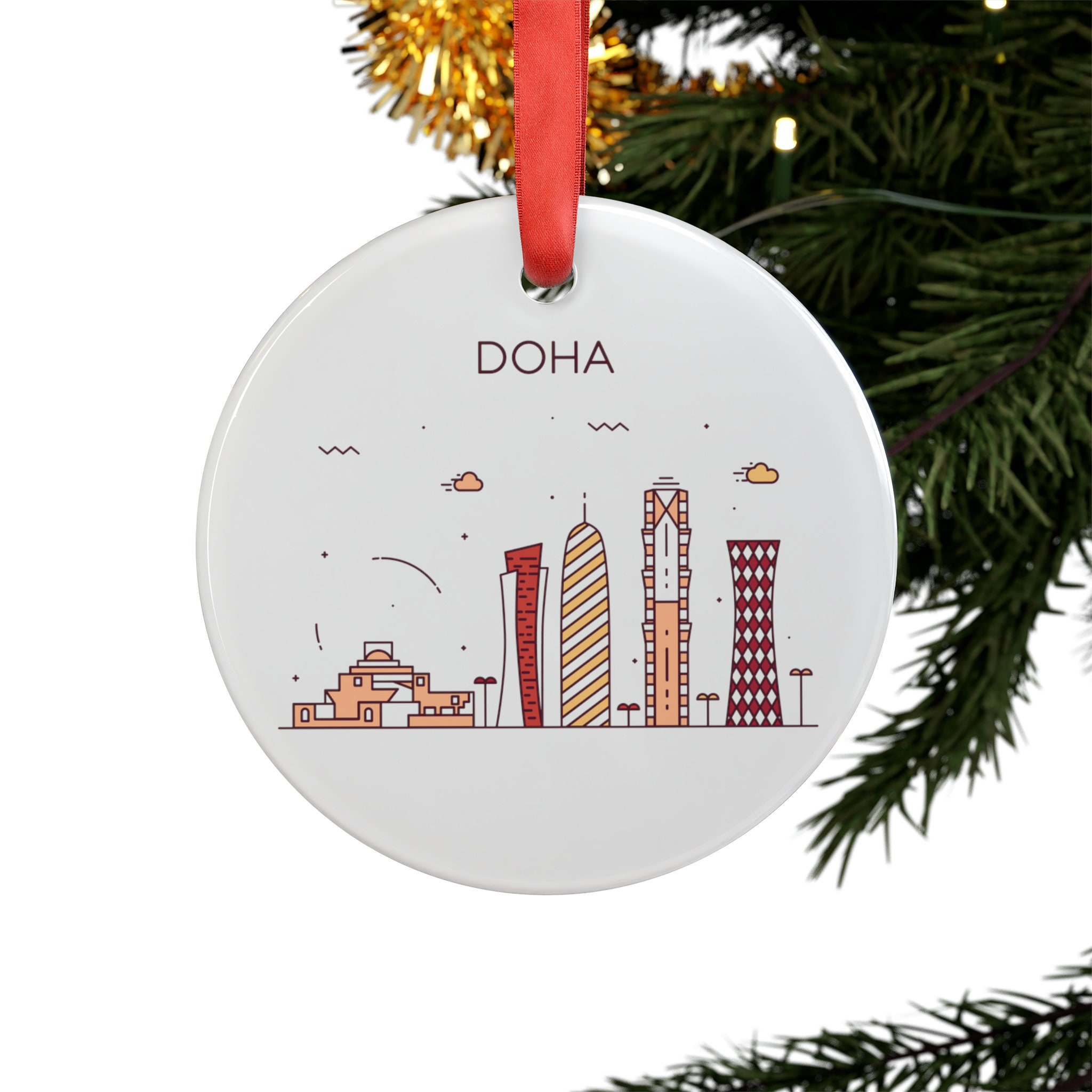 DOHA QATAR City Skyline Illustration, Qatari Travel Round White Acrylic ...