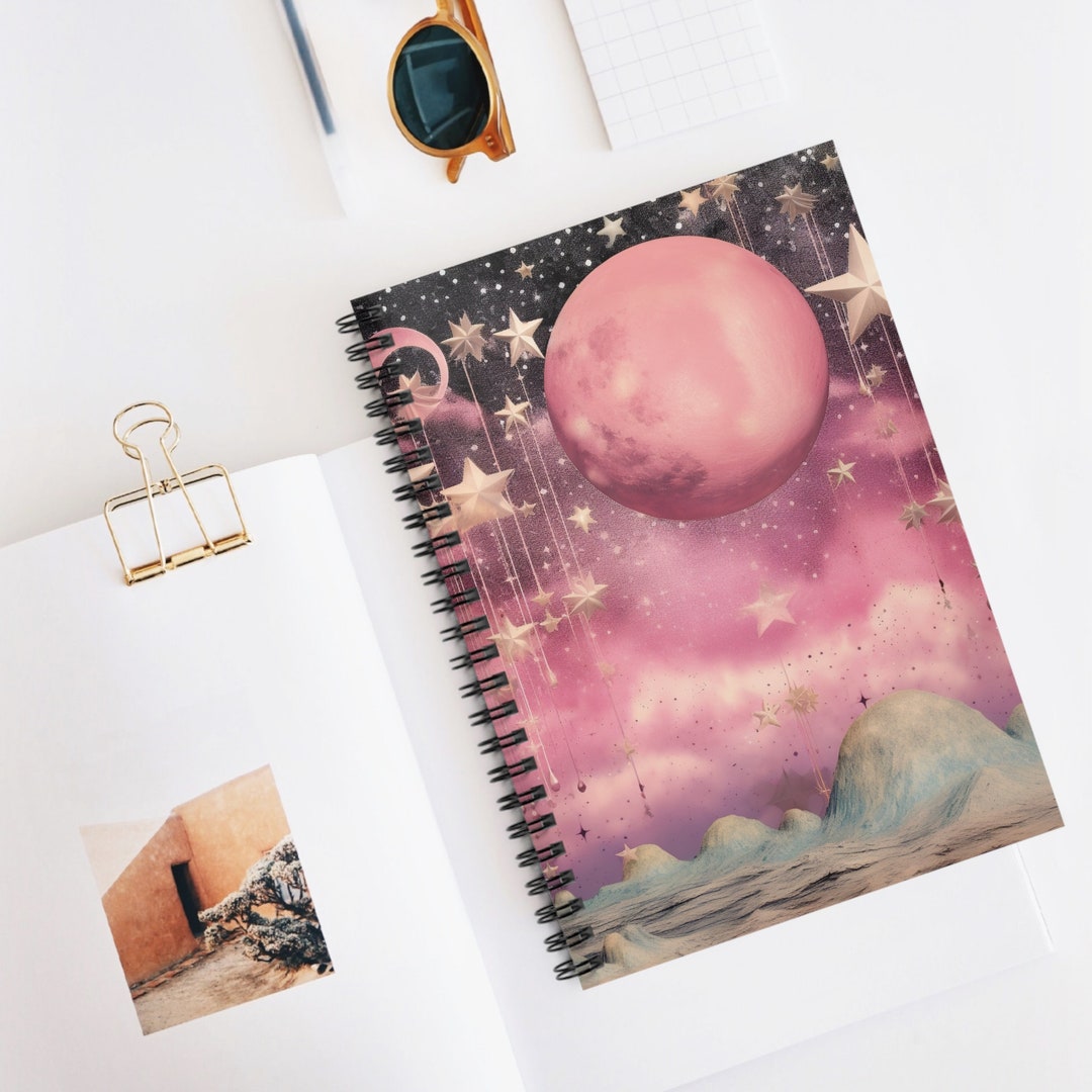 Celestial Pink Moon and Stars Fantasy Sky 6 X 8 Inches Spiral Notebook ...