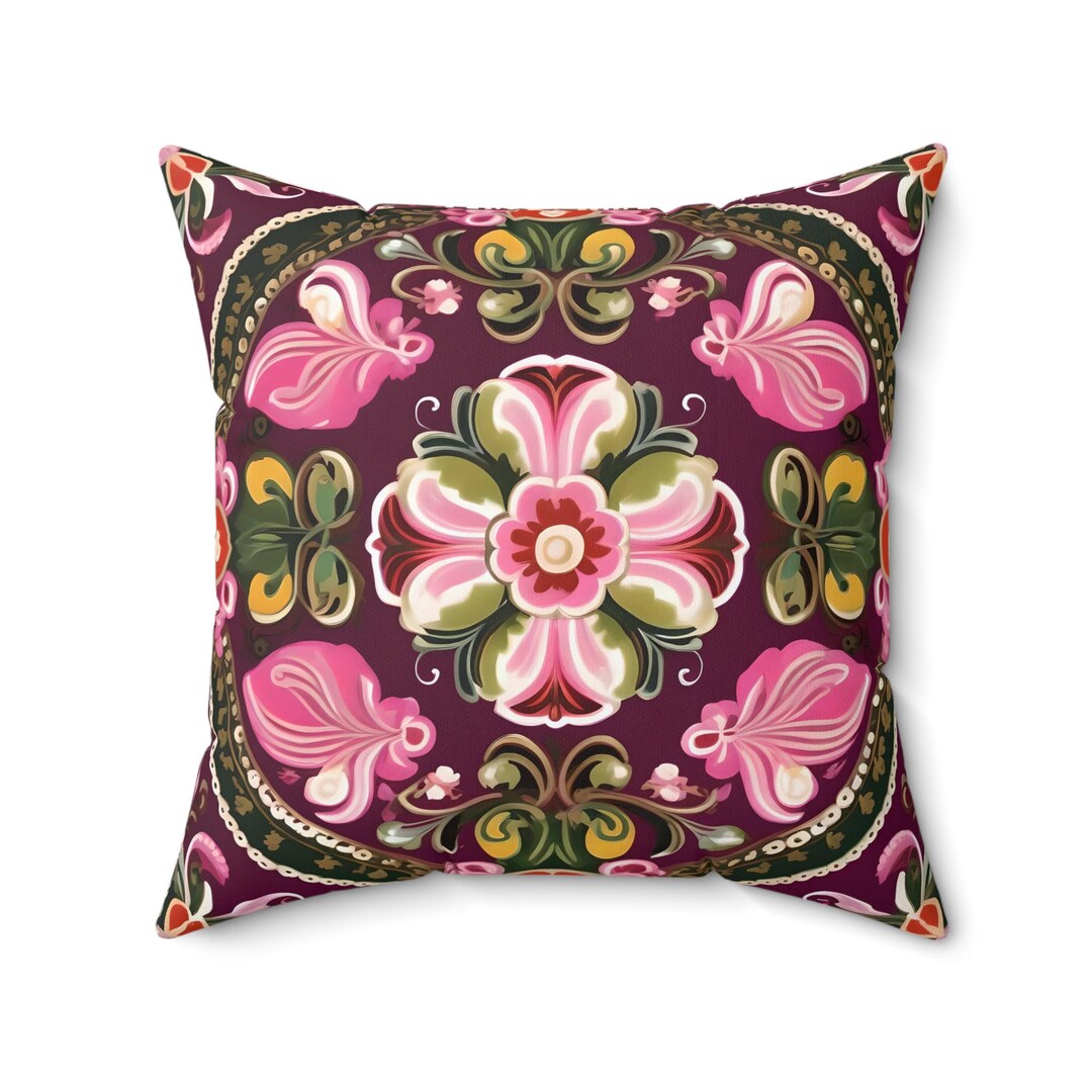 Plum Norwegian Rosemaling Pattern, Vibrant Floral Spun Polyester Square ...