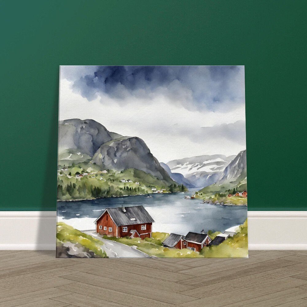 NORWAY Mountains Fjord Red House Square Canvas Print Various - Etsy