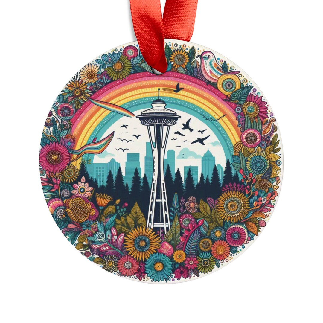 SEATTLE WASHINGTON Space Needle, Rainbow Boho Style, Round Acrylic ...
