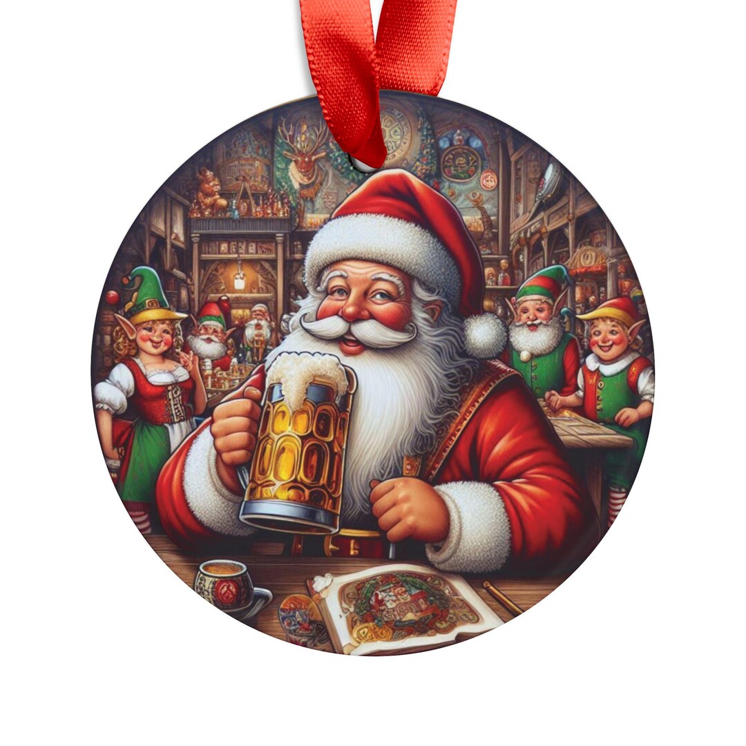 Beer Drinking Santa With Elves, German Inspired Round Acrylic Ornament ...