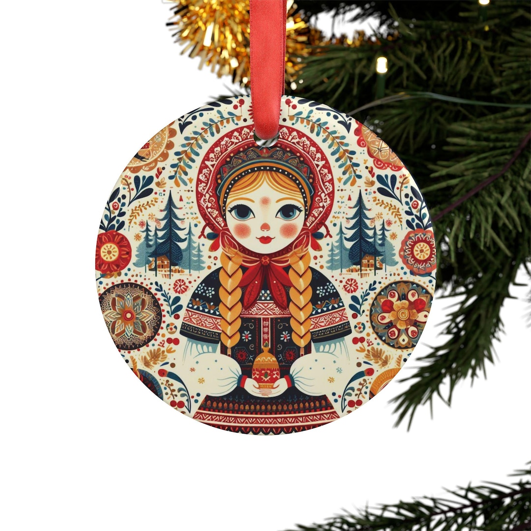 Finnish Folk Art Style Round Acrylic Ornament, Holiday Decoration ...