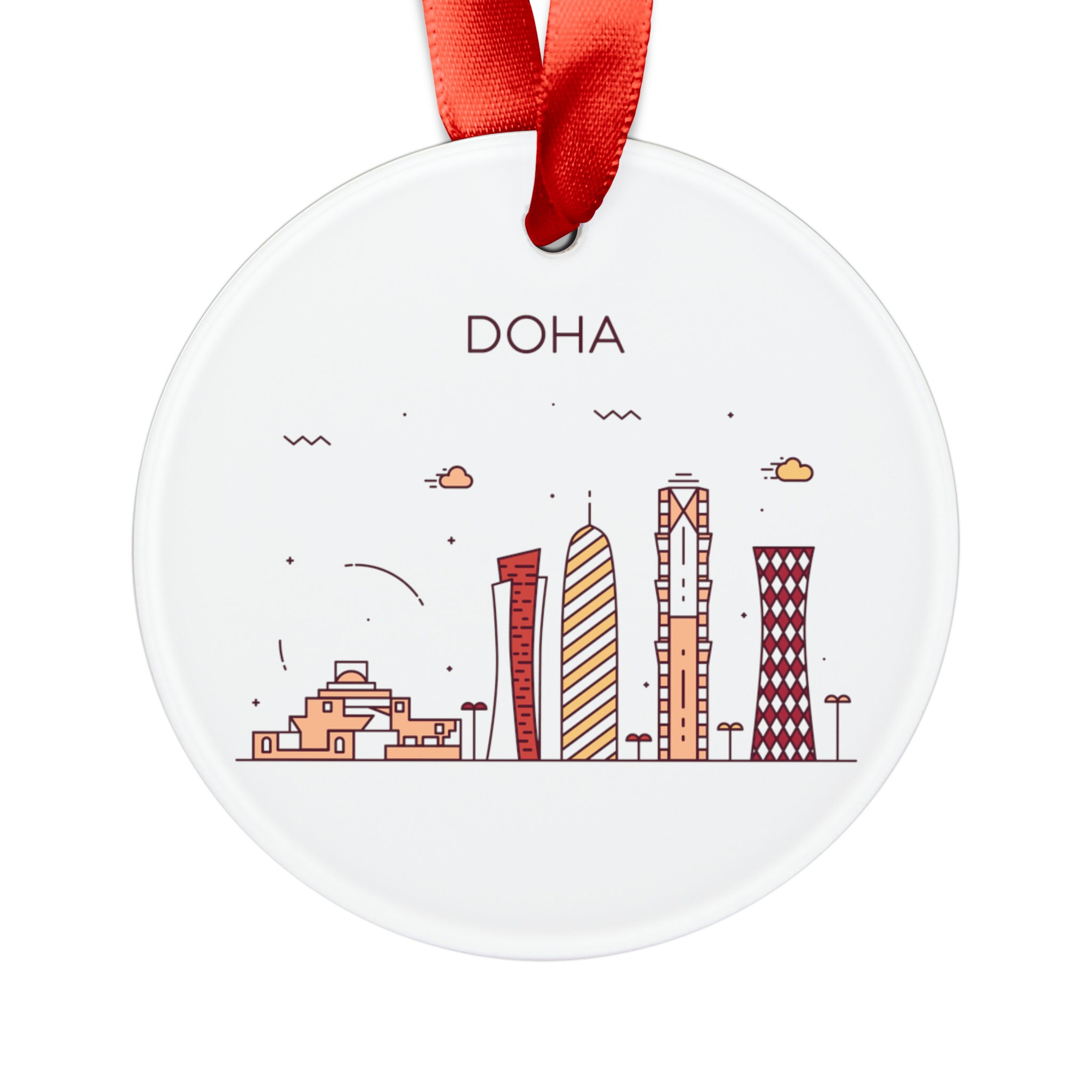 DOHA QATAR City Skyline Illustration, Qatari Travel Round White Acrylic ...