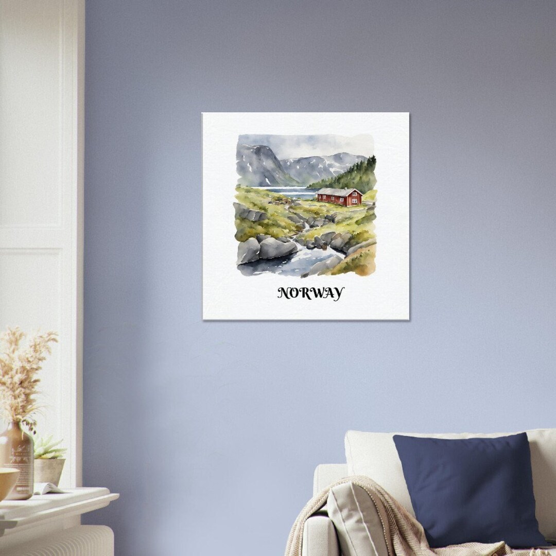 NORWAY Mountains Fjord Red House Square Canvas Print Various Sizes Eco ...