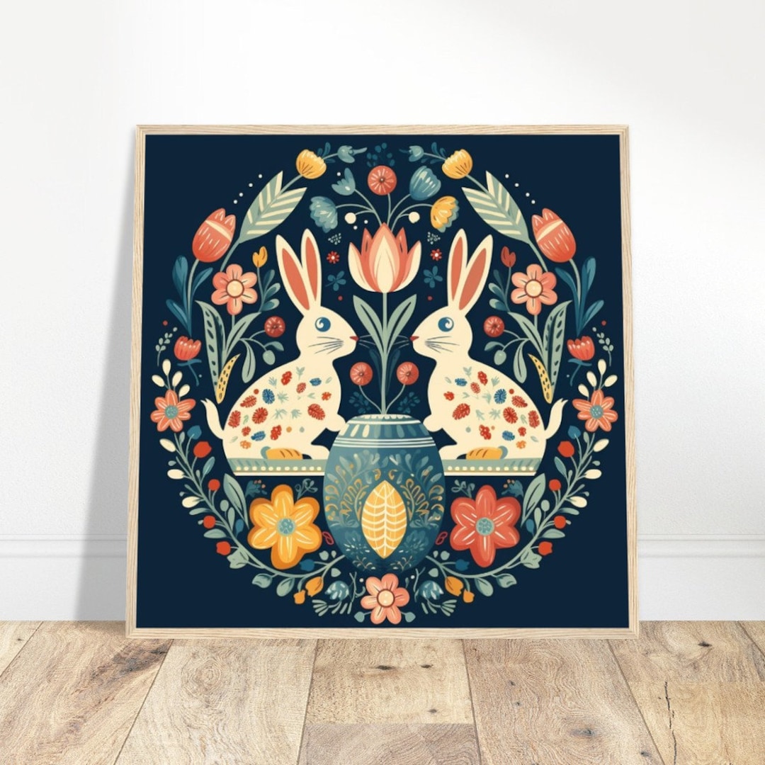 BUNNY RABBITS Nordic Folk Art Print Premium Matte Paper Pine Wood ...