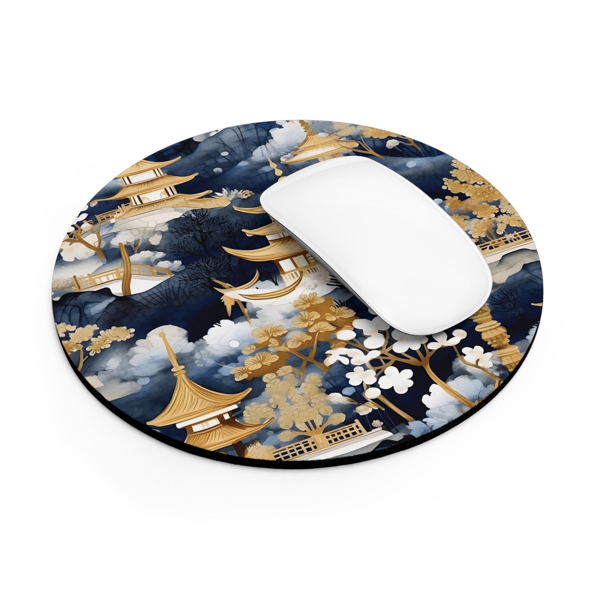 Blue and Gold Asian Chinoiserie Temple Pattern Round or Rectangle ...