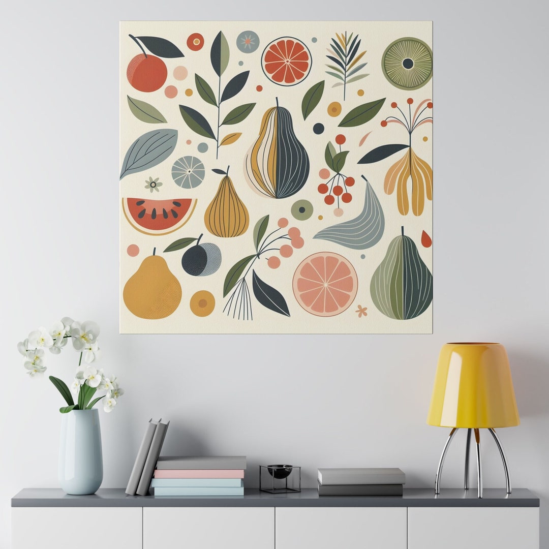 Fruit and Leaves Folk Art Inspired 0.75" Stretched Matte Canvas Wall ...