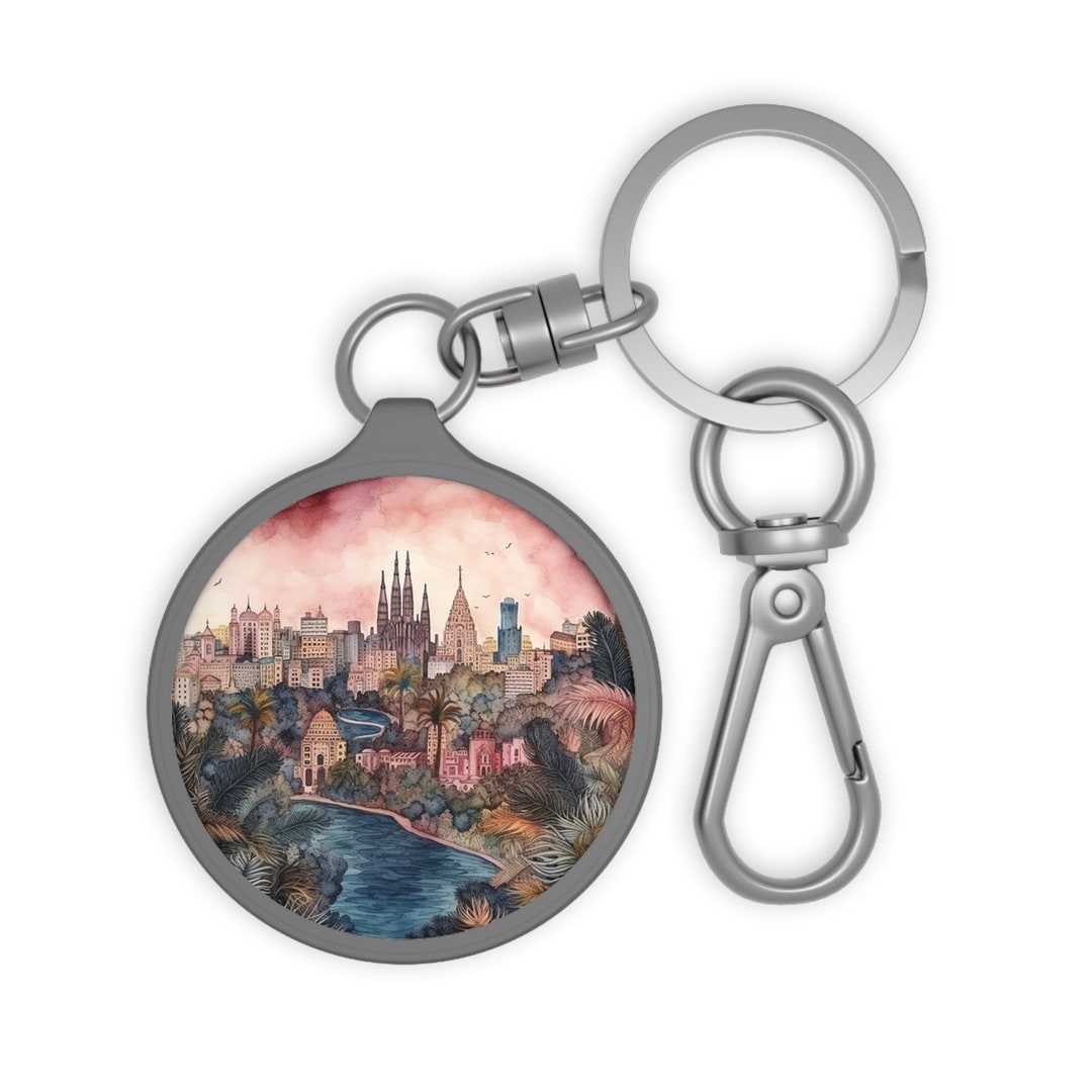 BARCELONA SPAIN City Skyline Spanish Travel Round Acrylic Metal Keyring ...