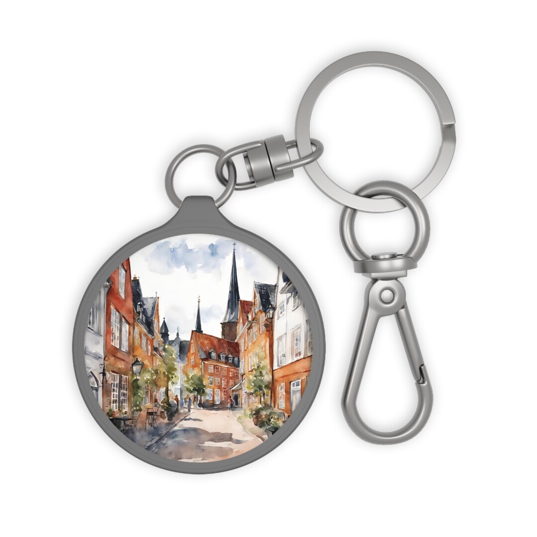 ROSKILDE DENMARK City Skyline Danish Travel Round Acrylic Metal Keyring ...