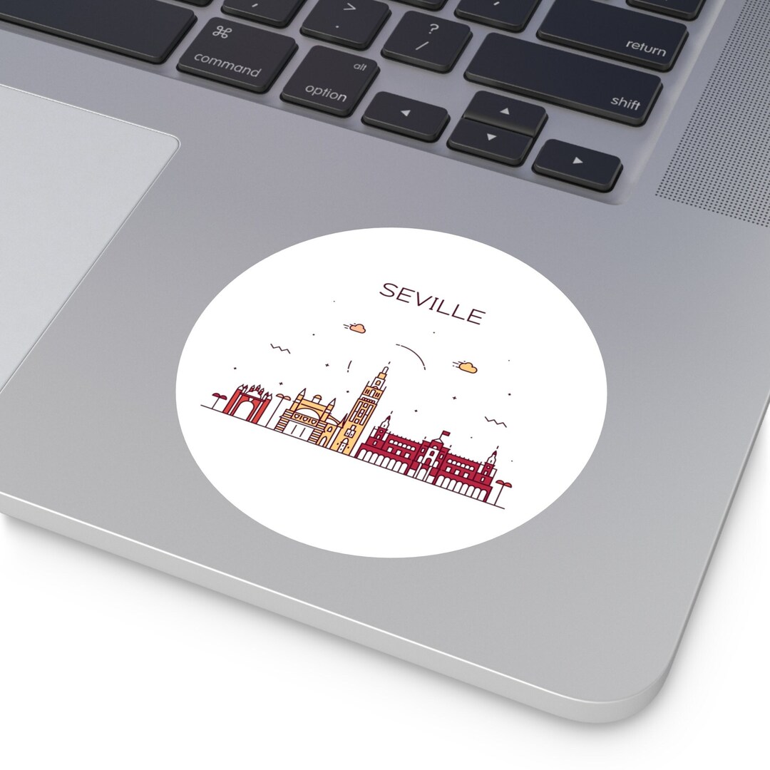 SEVILLE SPAIN City Skyline Travel Round Water Resistant Vinyl Sticker ...