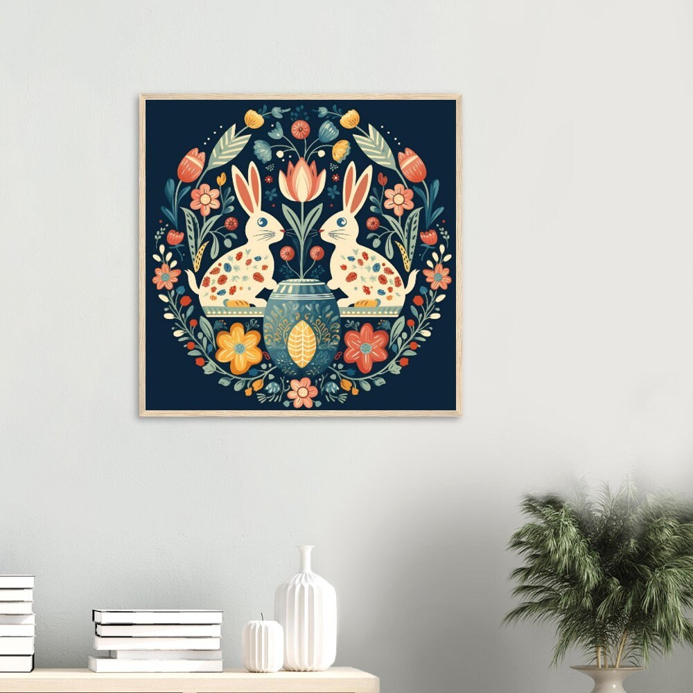 BUNNY RABBITS Nordic Folk Art Print Premium Matte Paper Pine Wood ...