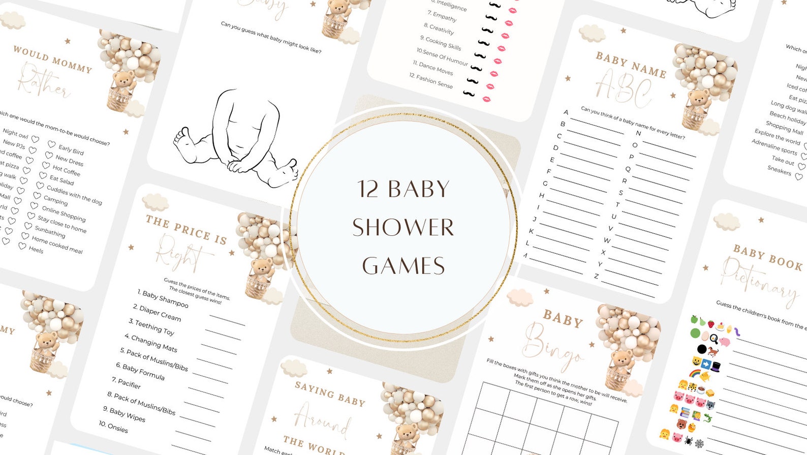 Editable Teddy Bear Baby Shower Game Package, Party Pack 12 Printable Hot Air Balloon Baby ...