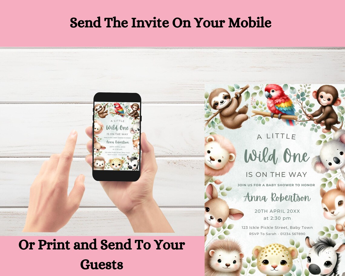 Editable Wild One Baby Shower Invitation, Jungle Animals Invite, Gender ...