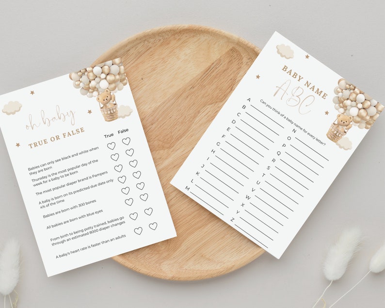 Editable Teddy Bear Baby Shower Game Package, Party Pack 12 Printable Hot Air Balloon Baby ...