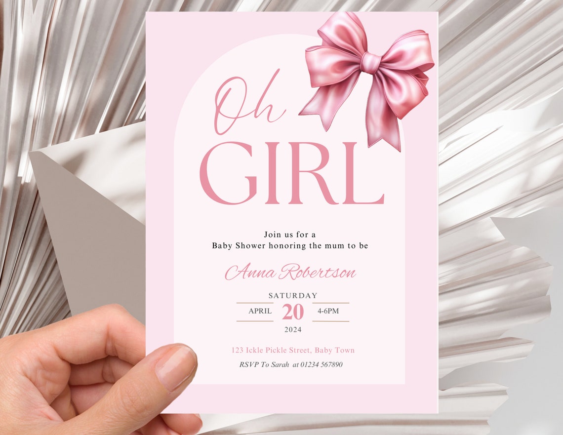 Editable Pretty Pink Bow Baby Shower Invitation, Pink Girl Baby Shower ...