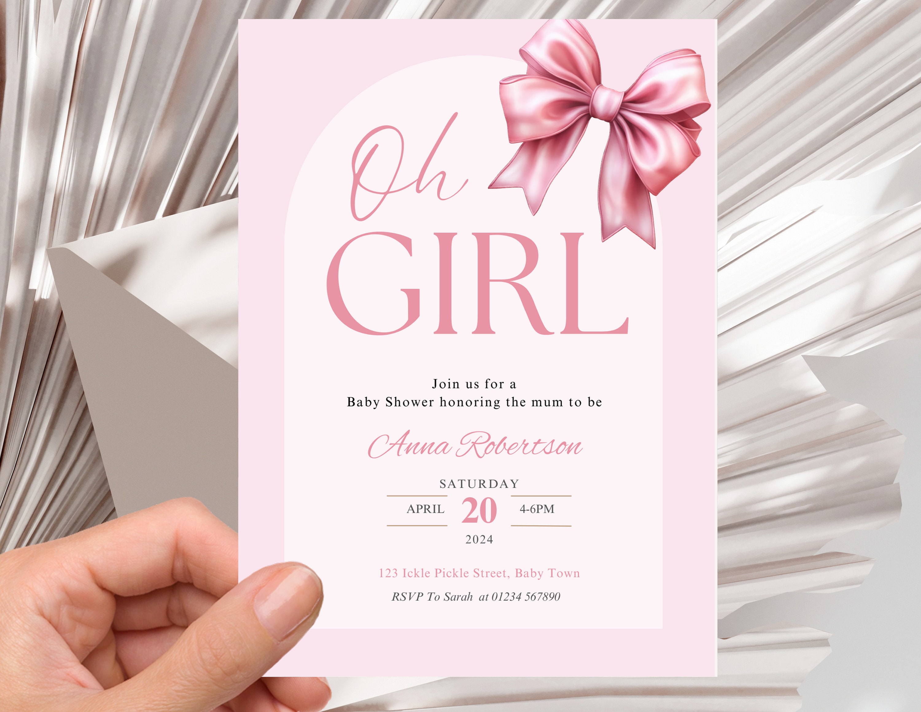 Editable Pretty Pink Bow Baby Shower Invitation, Pink Girl Baby Shower ...
