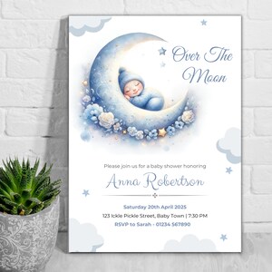 Editable Over the Moon Baby Shower Invitation, Twinkle Star Invite ...