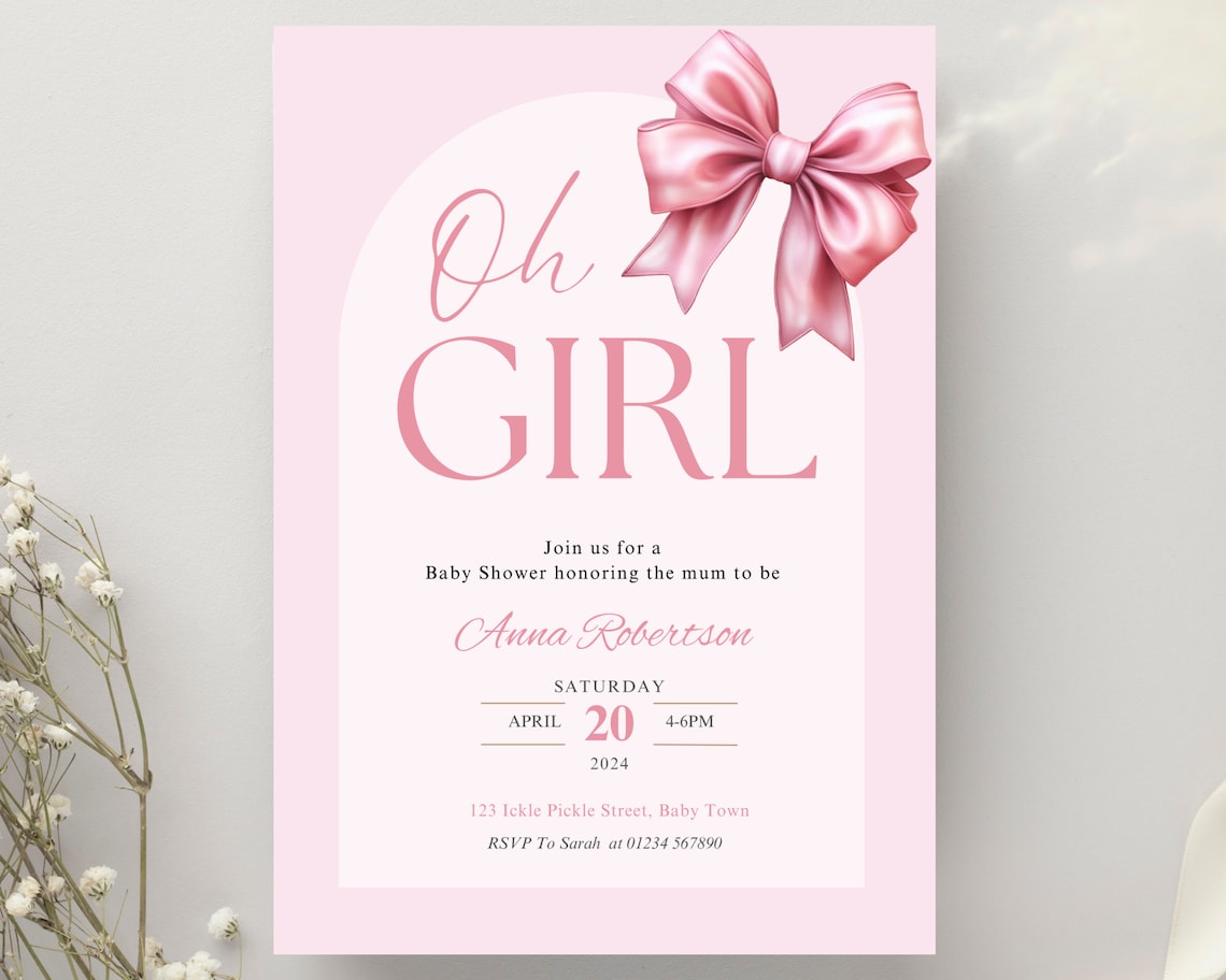 Editable Pretty Pink Bow Baby Shower Invitation, Pink Girl Baby Shower ...