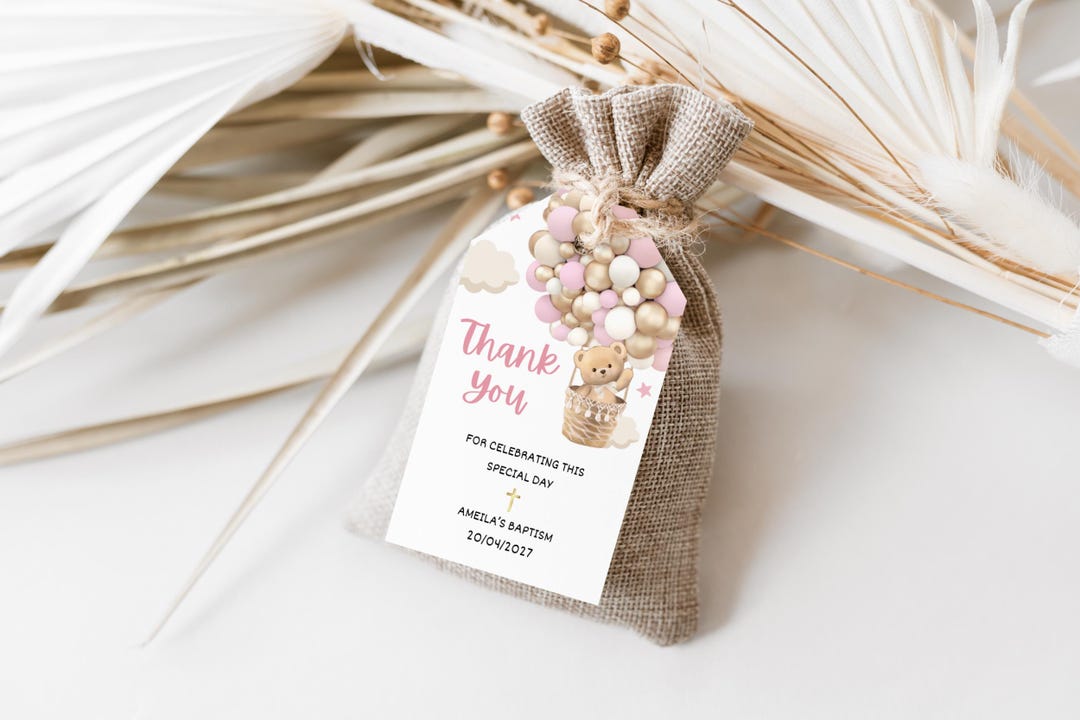 Editable Pink Teddy Bear Baptism Favor Tags, Thank You Gift (digital ...