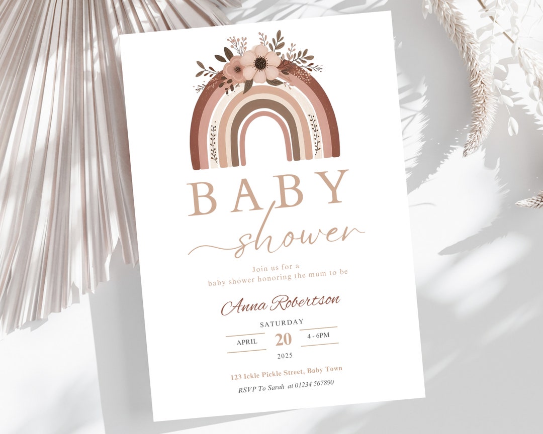 Editable Flower Boho Rainbow Baby Shower Invitation, Boho Rainbow Theme ...