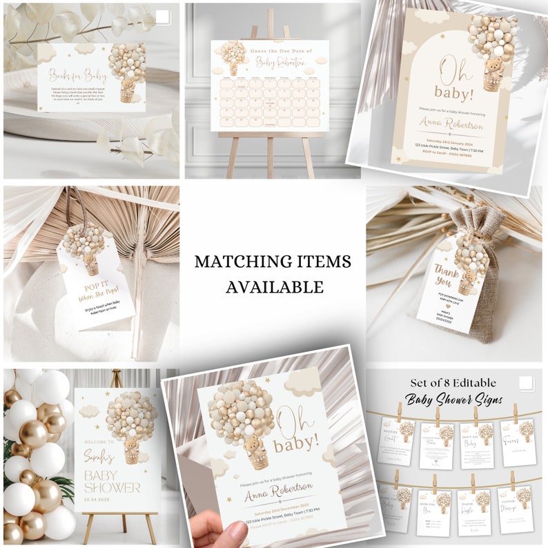 Editable Teddy Bear Baby Shower Game Package, Party Pack 12 Printable Hot Air Balloon Baby ...