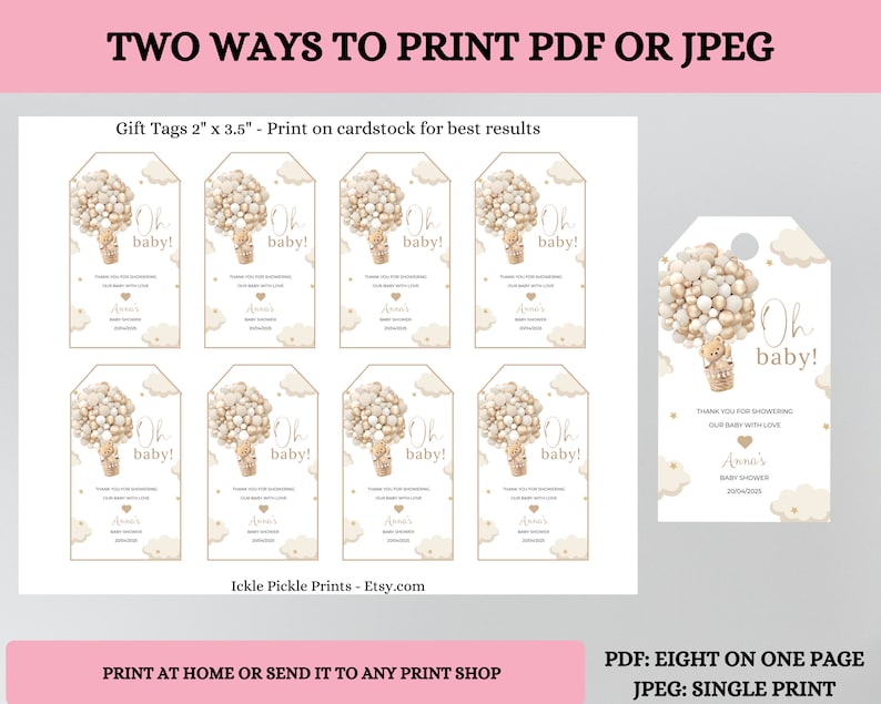 Editable Pop It When She Pops Tag, Teddy Bear Hot Air Balloon Party Favour, Gender Neutral Bear ...