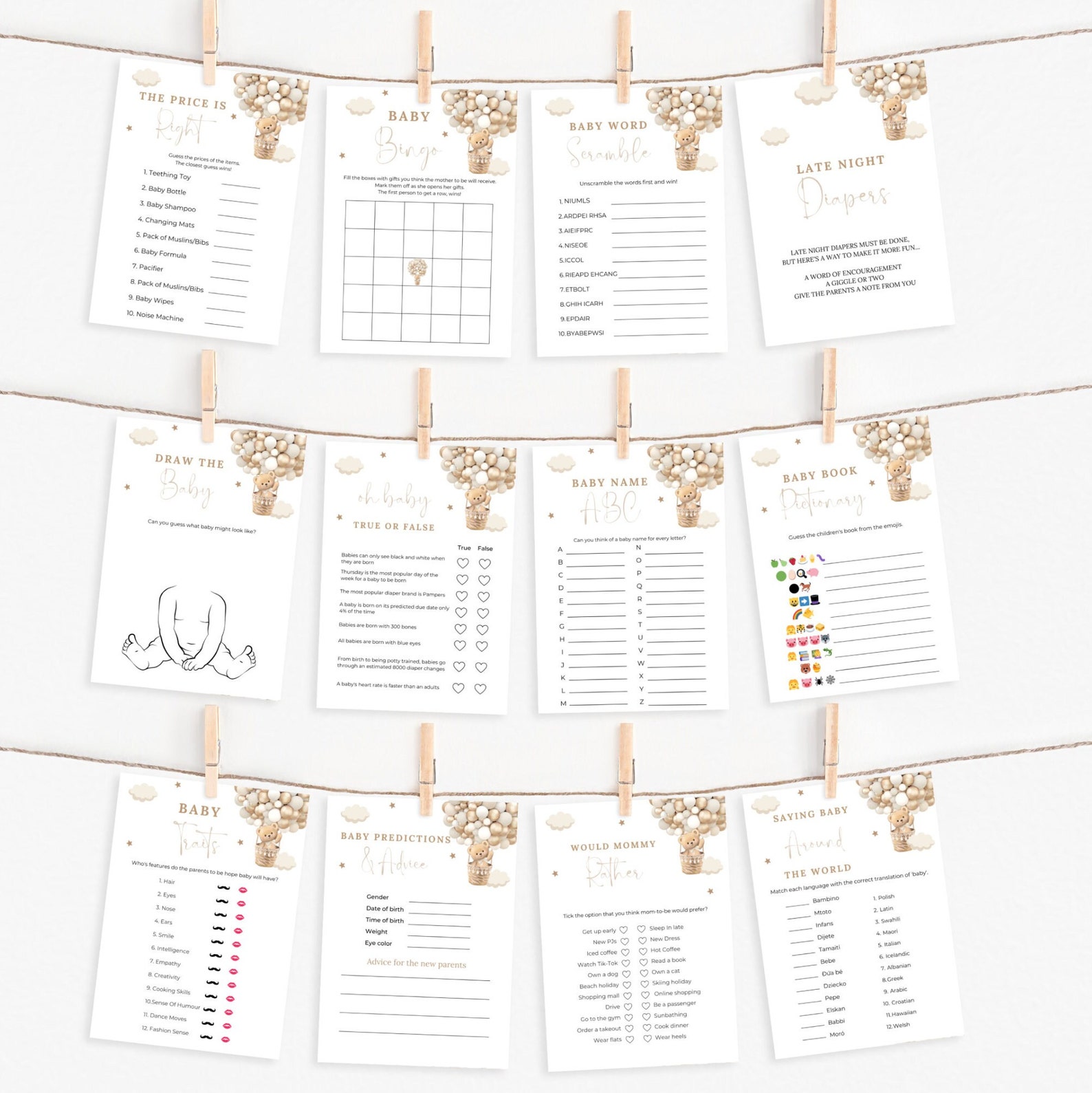 Editable Teddy Bear Baby Shower Game Package, Party Pack 12 Printable Hot Air Balloon Baby ...