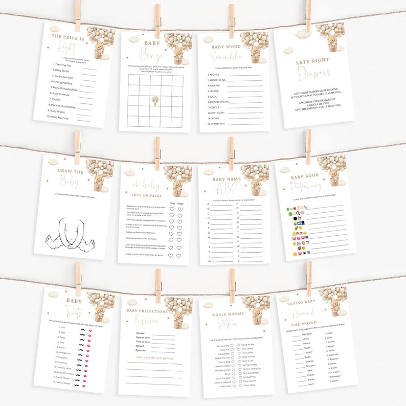 Editable Teddy Bear Baby Shower Game Package, Party Pack 12 Printable Hot Air Balloon Baby ...