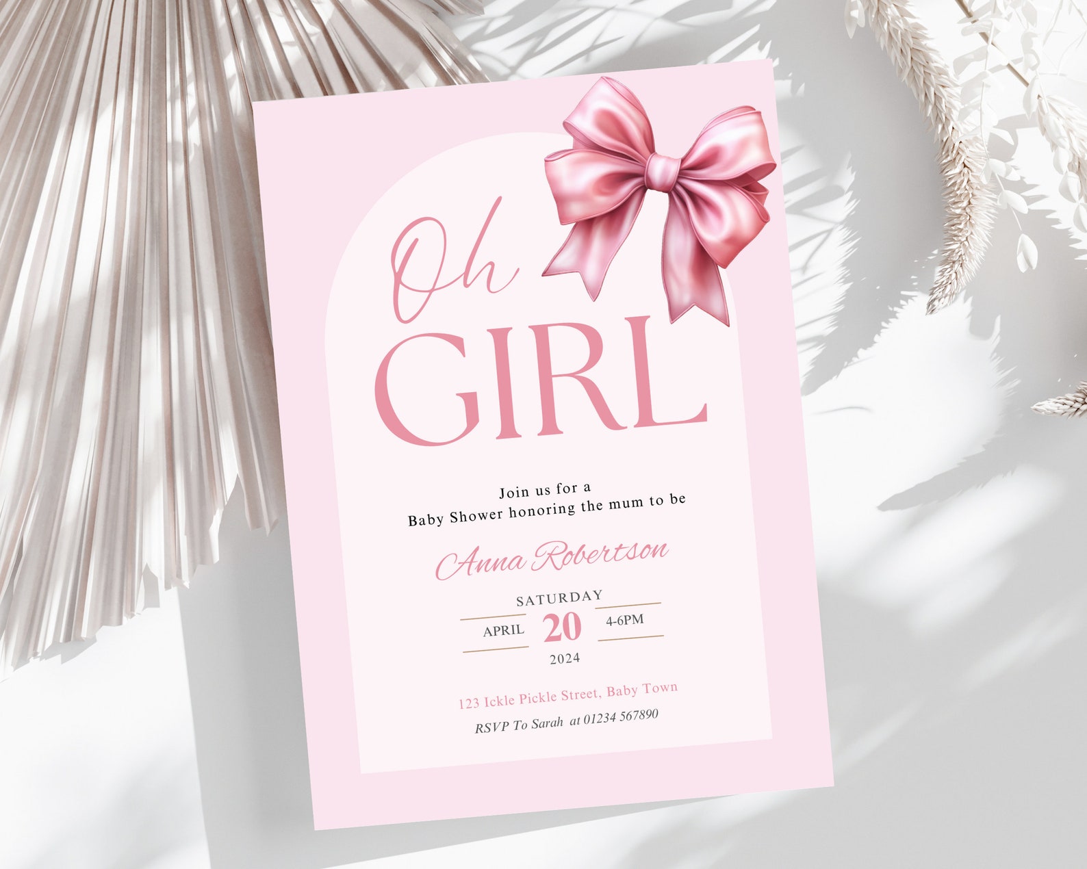 Editable Pretty Pink Bow Baby Shower Invitation, Pink Girl Baby Shower Invitation, Pink Bow ...