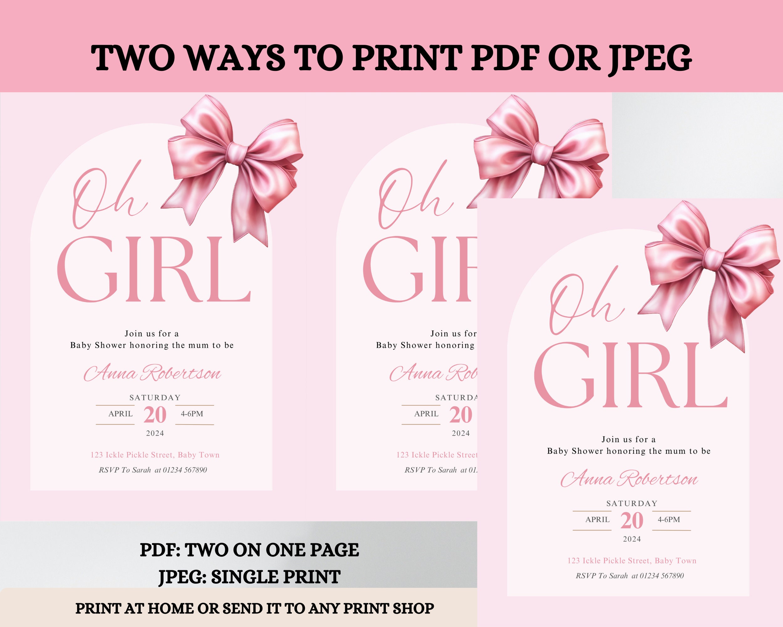 Editable Pretty Pink Bow Baby Shower Invitation, Pink Girl Baby Shower ...