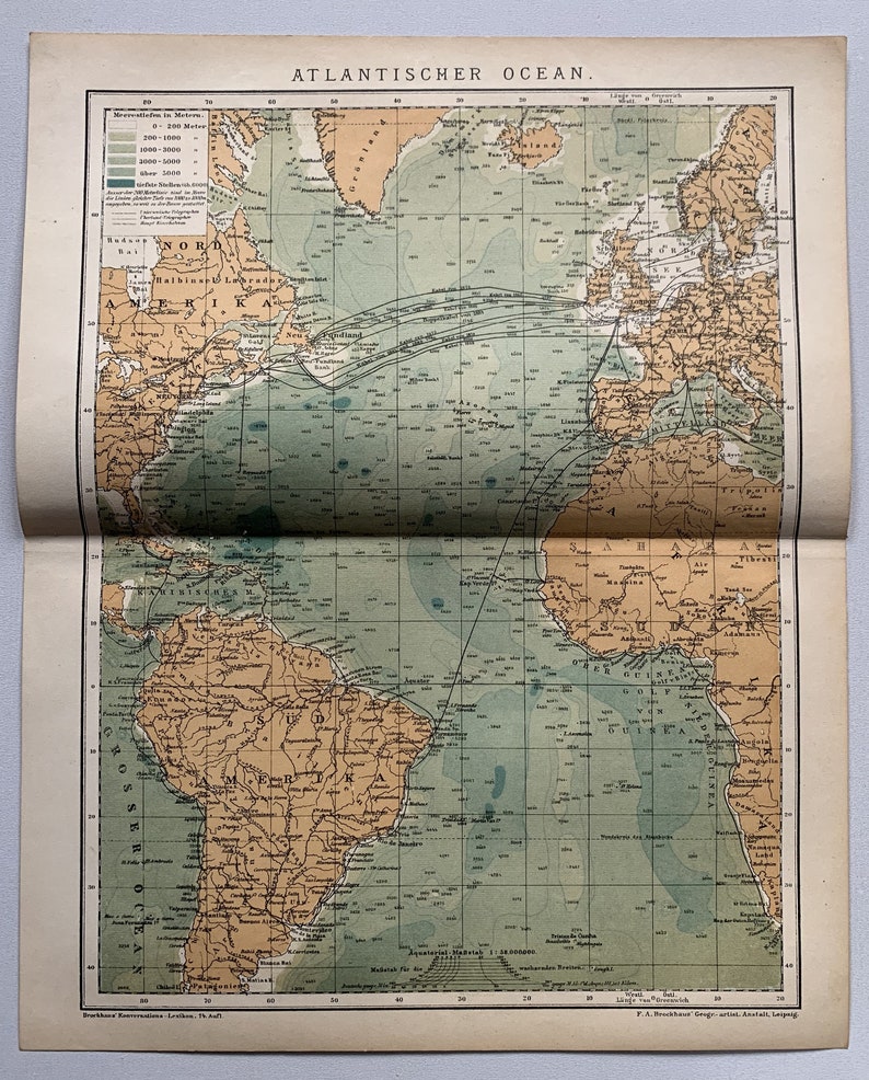 World Oceans / Original 1894 Antique Map of the Atlantic Ocean - Etsy