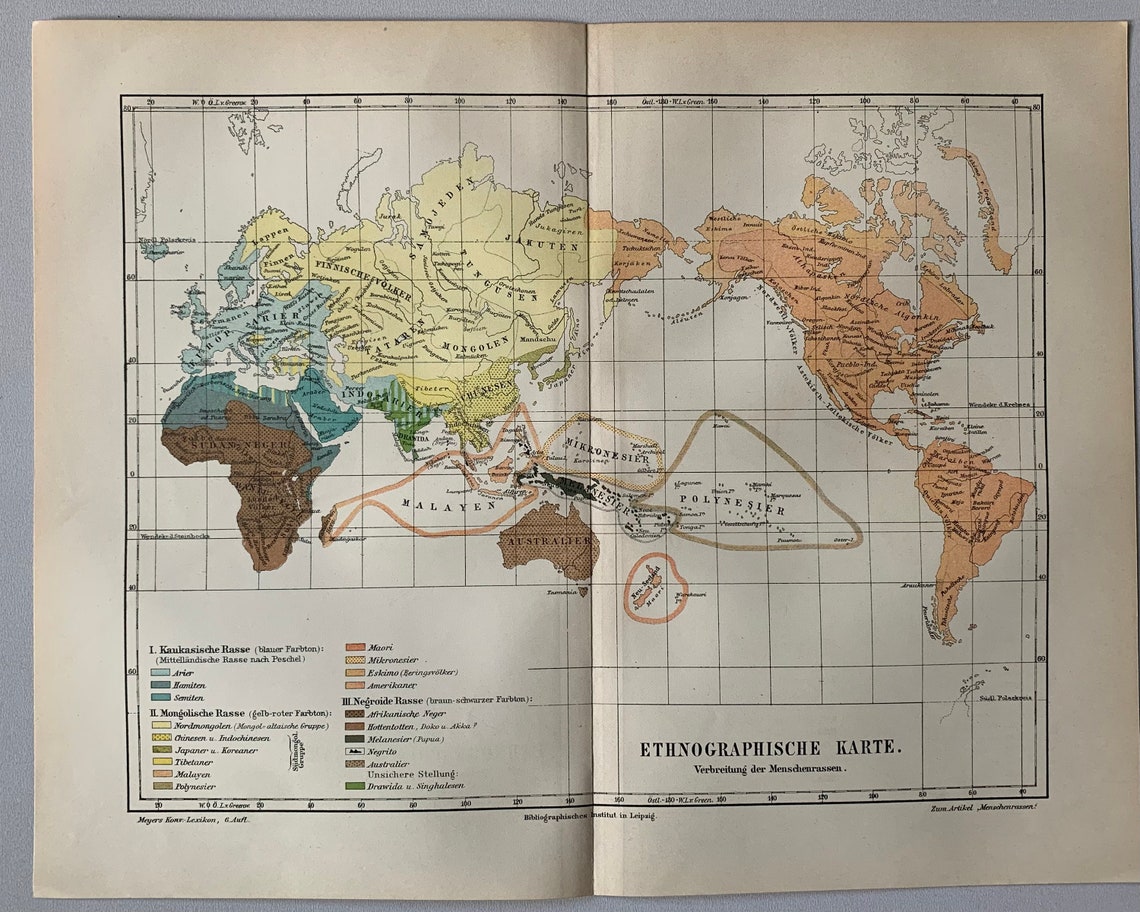 Original 1906 Antique Ethnographical Map of the World - Etsy