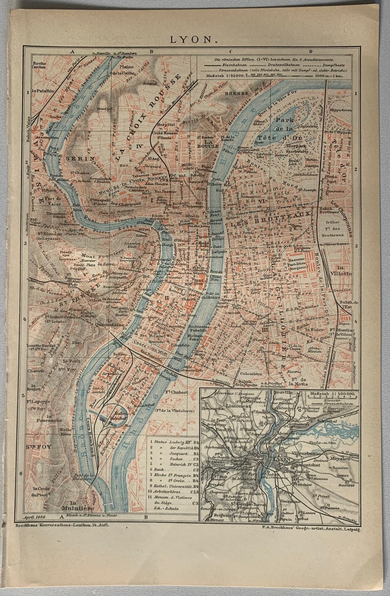 FR Lyon / Orig. 1898 Antique City Plan of Lyon - Etsy