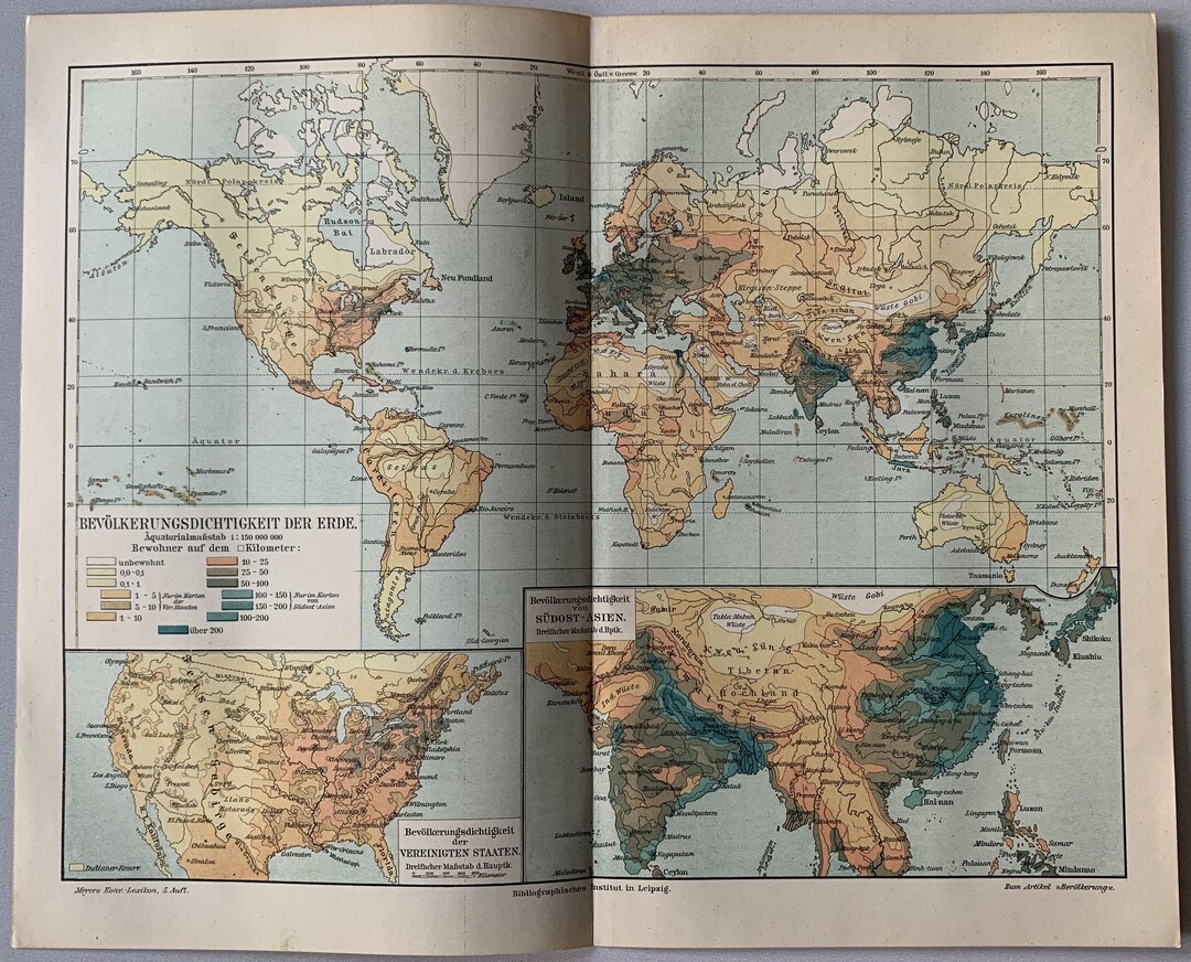 World Geogr / Orig. 1897 Antique Map of World Population Density - Etsy