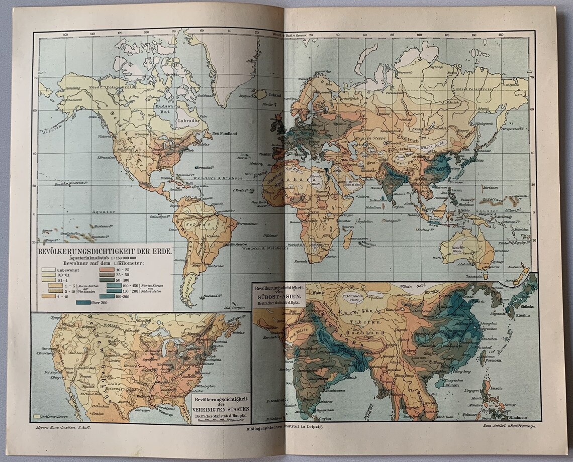 World Geogr / Orig. 1897 Antique Map of World Population Density - Etsy