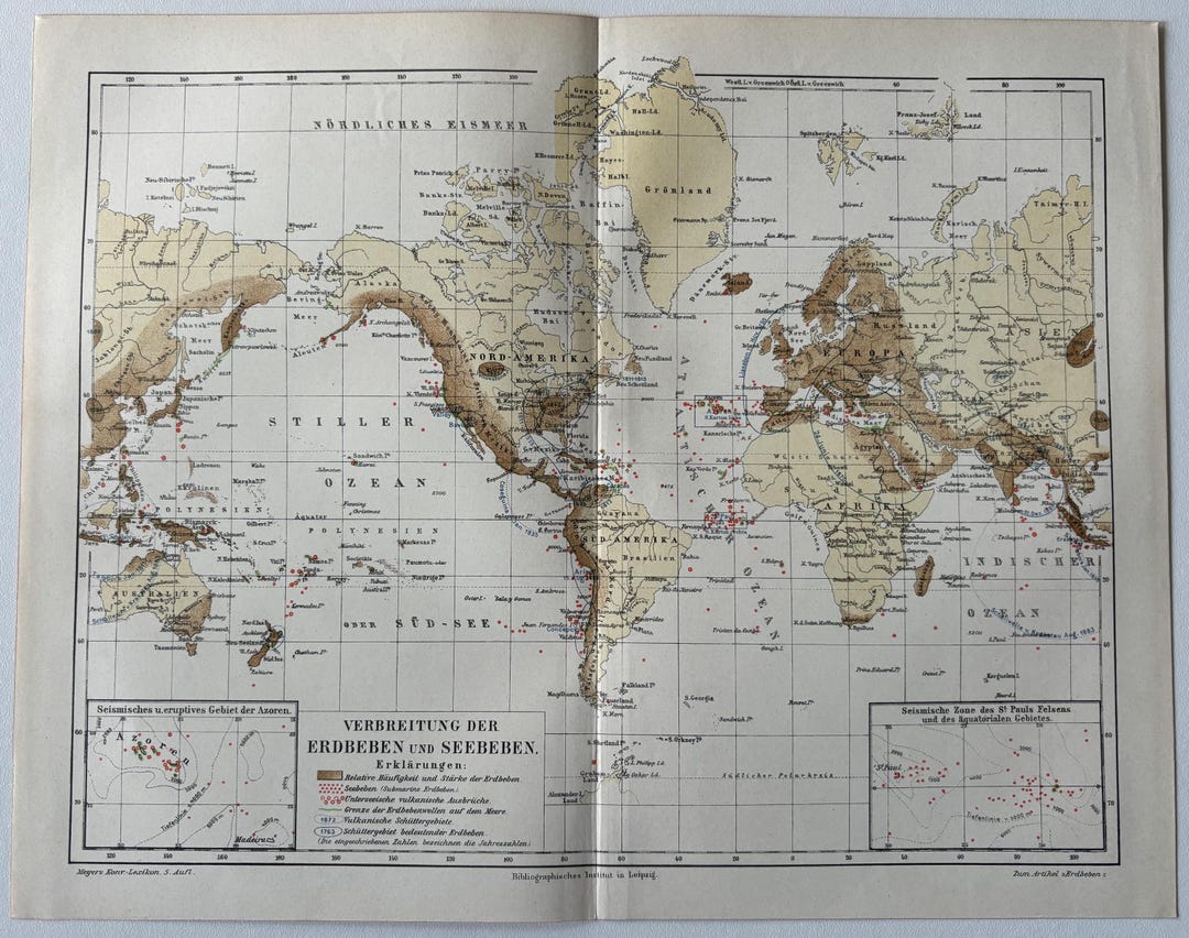 World Geogr / Orig. 1897 Antique Map of Earthquakes and Seaquakes - Etsy