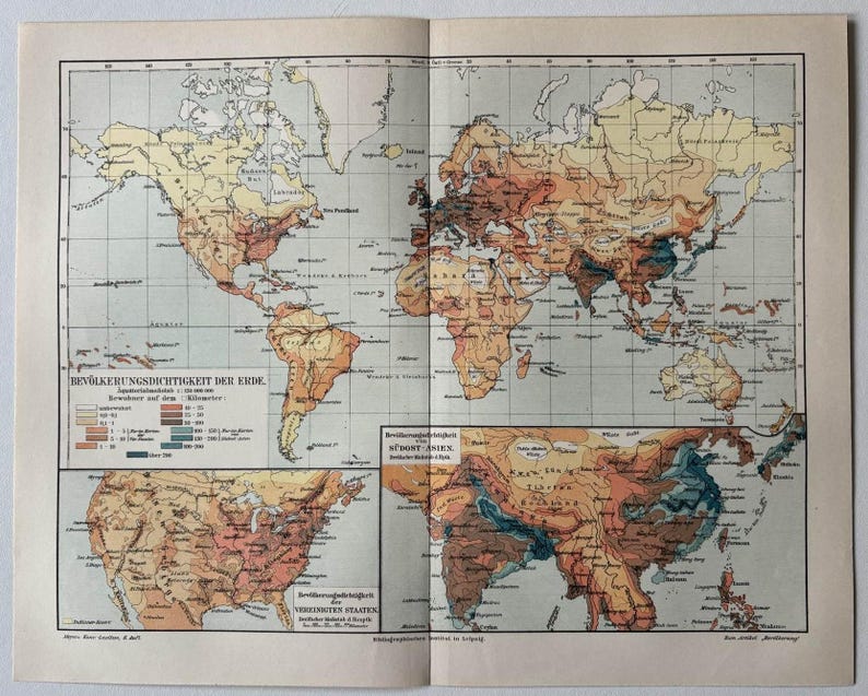 World Geogr / Orig. 1904 Antique Map of World Population Density - Etsy