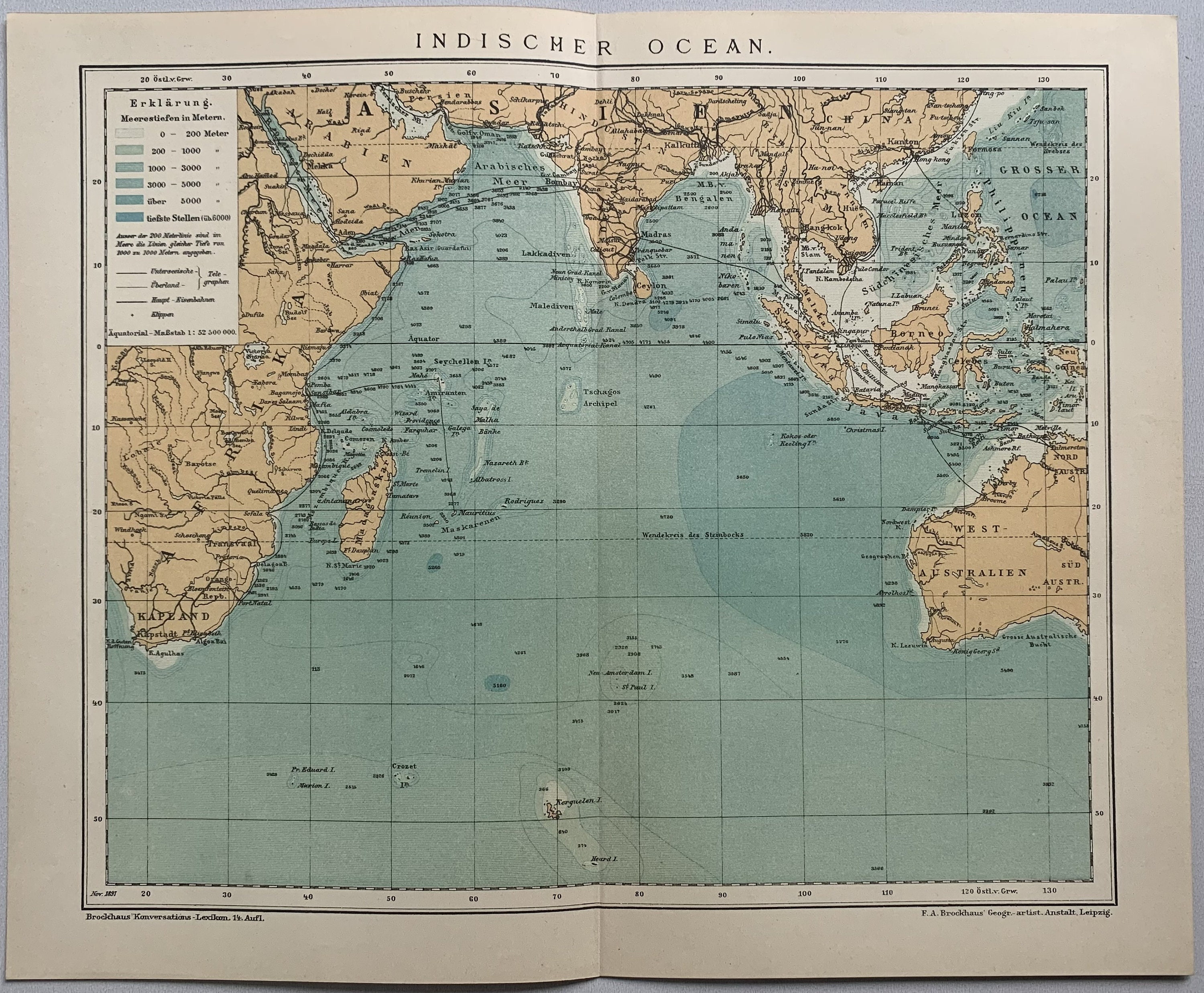 World Oceans / Orig. 1894 Antique Map of the Indian Ocean - Etsy