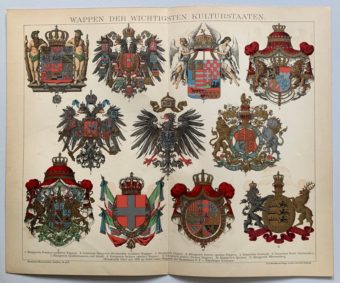 Heraldry / Orig. 1895 Antique Chromolitho Coats of Arms of Main ...