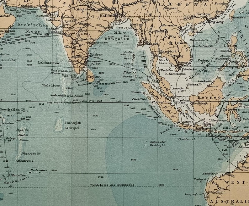 World Oceans / Orig. 1894 Antique Map of the Indian Ocean - Etsy