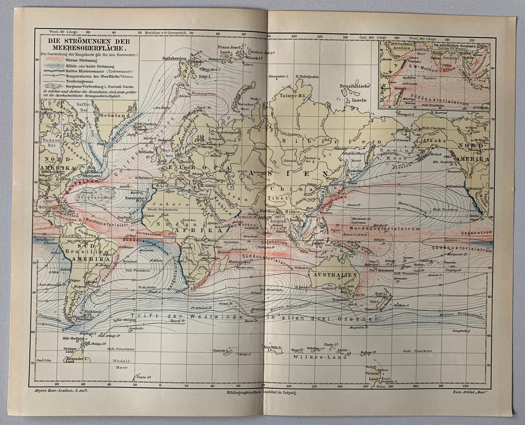 World Oceans / Original 1906 Antique Map of Ocean Currents - Etsy