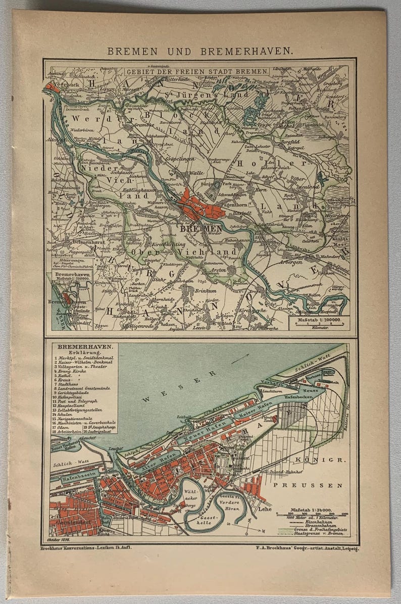 DE Bremen / Orig. 1898 Antique City Plan of Bremen & Bremerhaven in ...