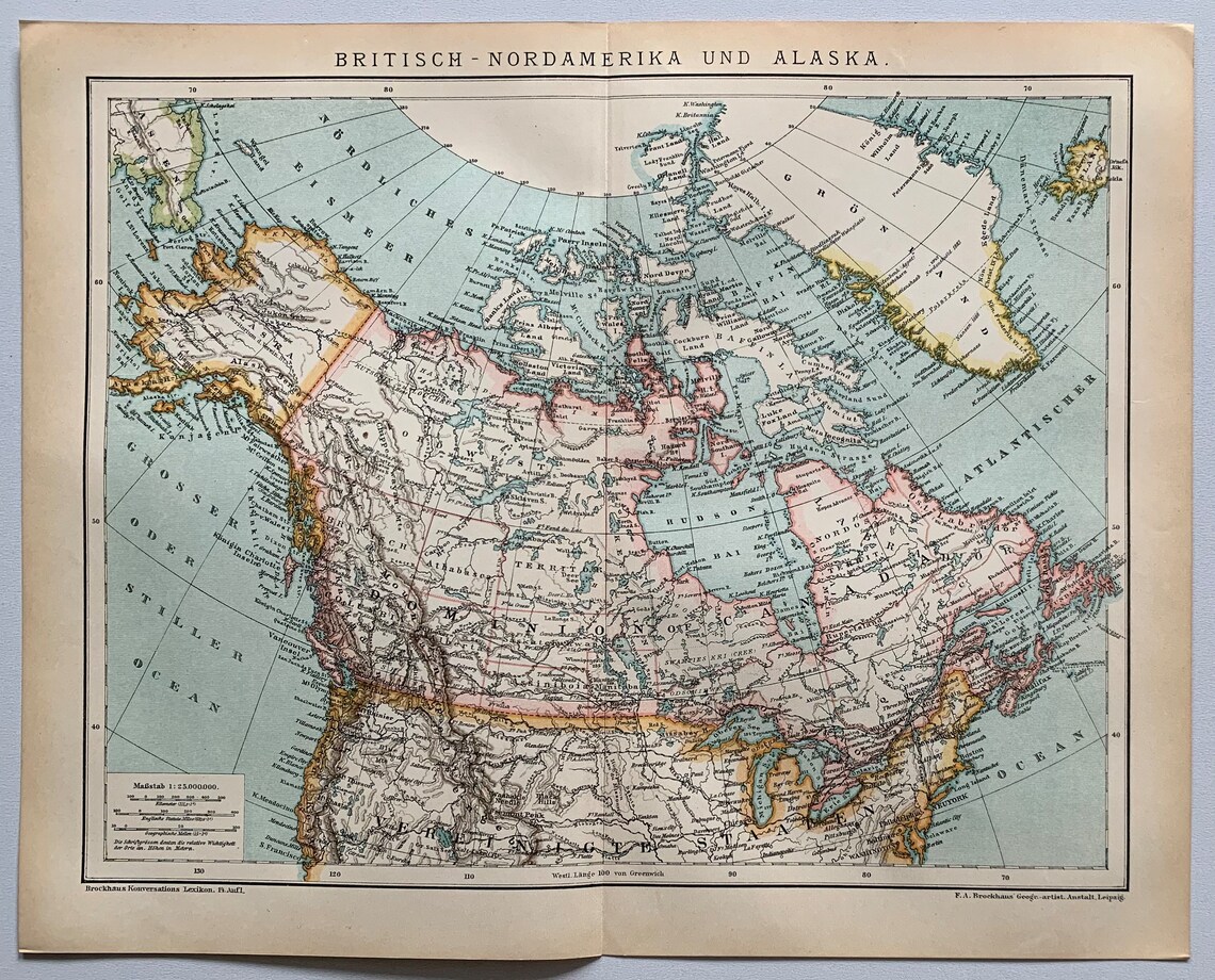 North America / Orig. 1892 Antique Map of Canada - Alaska - Greenland ...