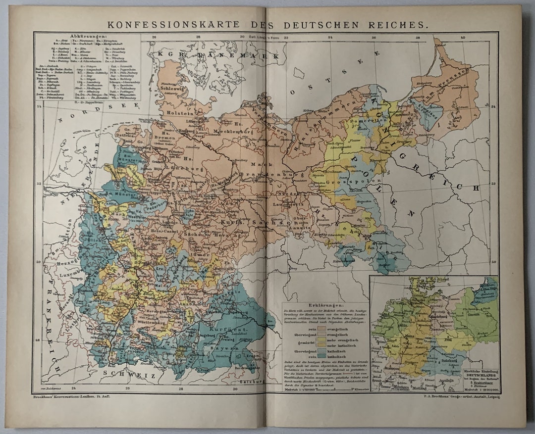DE Germany / Original 1894 Antique Map of Religions in German - Etsy